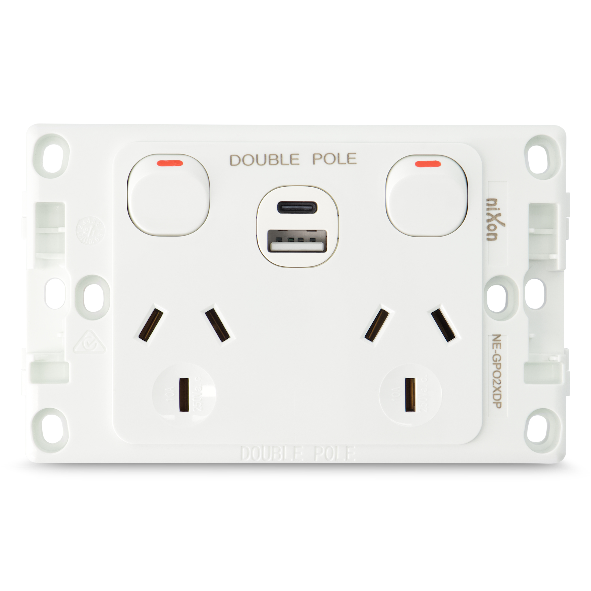 Double 10Amp Powerpoint / GPO Outlet - WITH DOUBLE TYPE A+C USB - DOUB ...