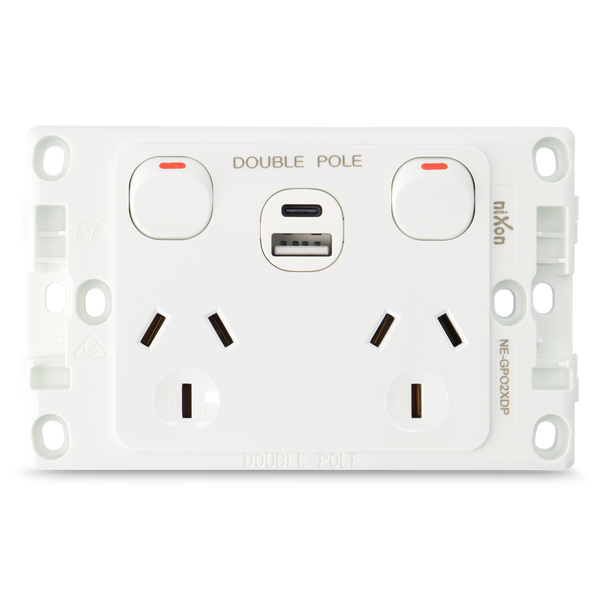 Double 10Amp Powerpoint / GPO Outlet - WITH DOUBLE TYPE A+C USB - DOUB ...